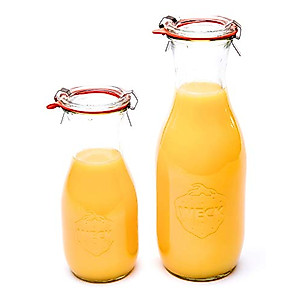 Weck Juice Jar Combo Pack - (1) 766 1-Liter jar (1) 764 1/2-Liter jar with Glass Lids, Rubber Rings and Steel Clamps & Keep Fresh Lids