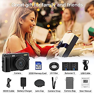 Digital Camera 4K 60FPS Auto Focus 48MP Vlogging Video Camera 16X Digital Zoom Camera with 180°Flip Screen Compact Camera for YouTube 32GB Memory Card