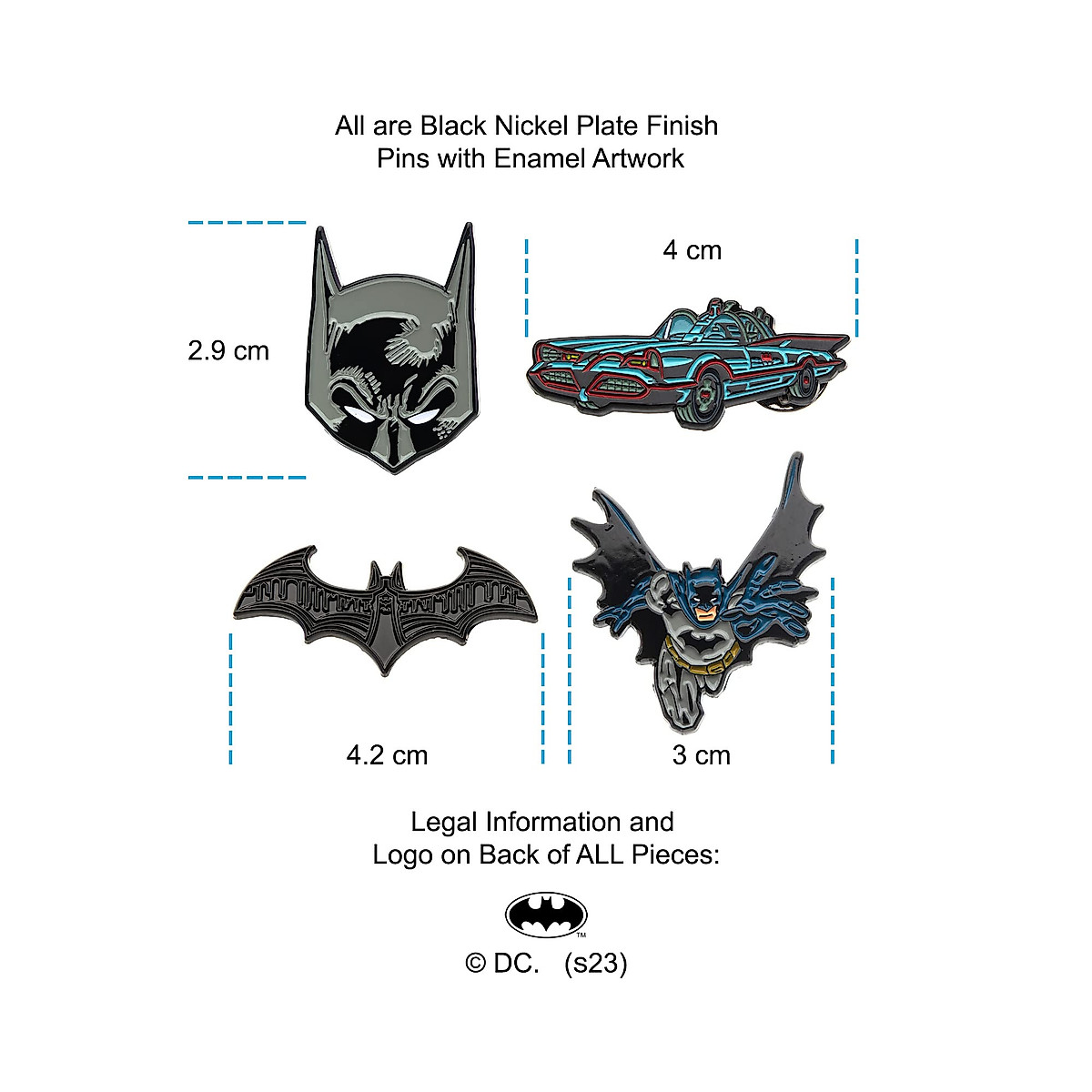 Officially Licensed DC Comics Unisex Adult Batman Enamel Lapel Pin Set (4 piece), Grey, One Size