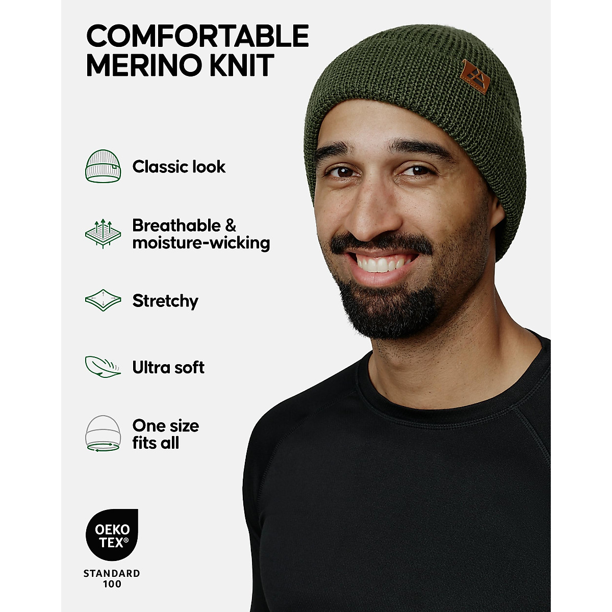 DANISH ENDURANCE Merino Wool Beanie for Men & Women, Knitted Winter Hat, Green, One Size