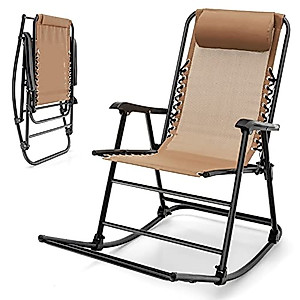 Tangkula Outdoor Folding Rocking Chair, No Assembly Required, Foldable Rocker Recliner with Headrest, Portable Lounge Chair for Camping, Patio, Lawn, Garden, Yard or Balcony Beige