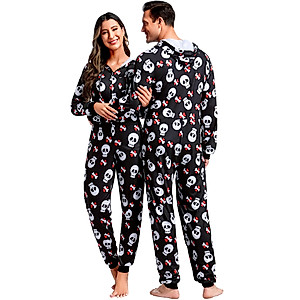 frawirshau Onesie Pajamas For Women Halloween Matching Pajamas For Couples Family Pjs Matching Sets Skull Onesie Adult Black S