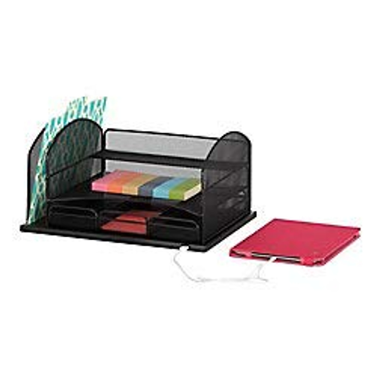 Safco Products 3234BL Onyx 3 Drawer Desktop Organizer with USB Charging Port, Vertical File Slot, Paper Tray, Durable Steel Construction, Black