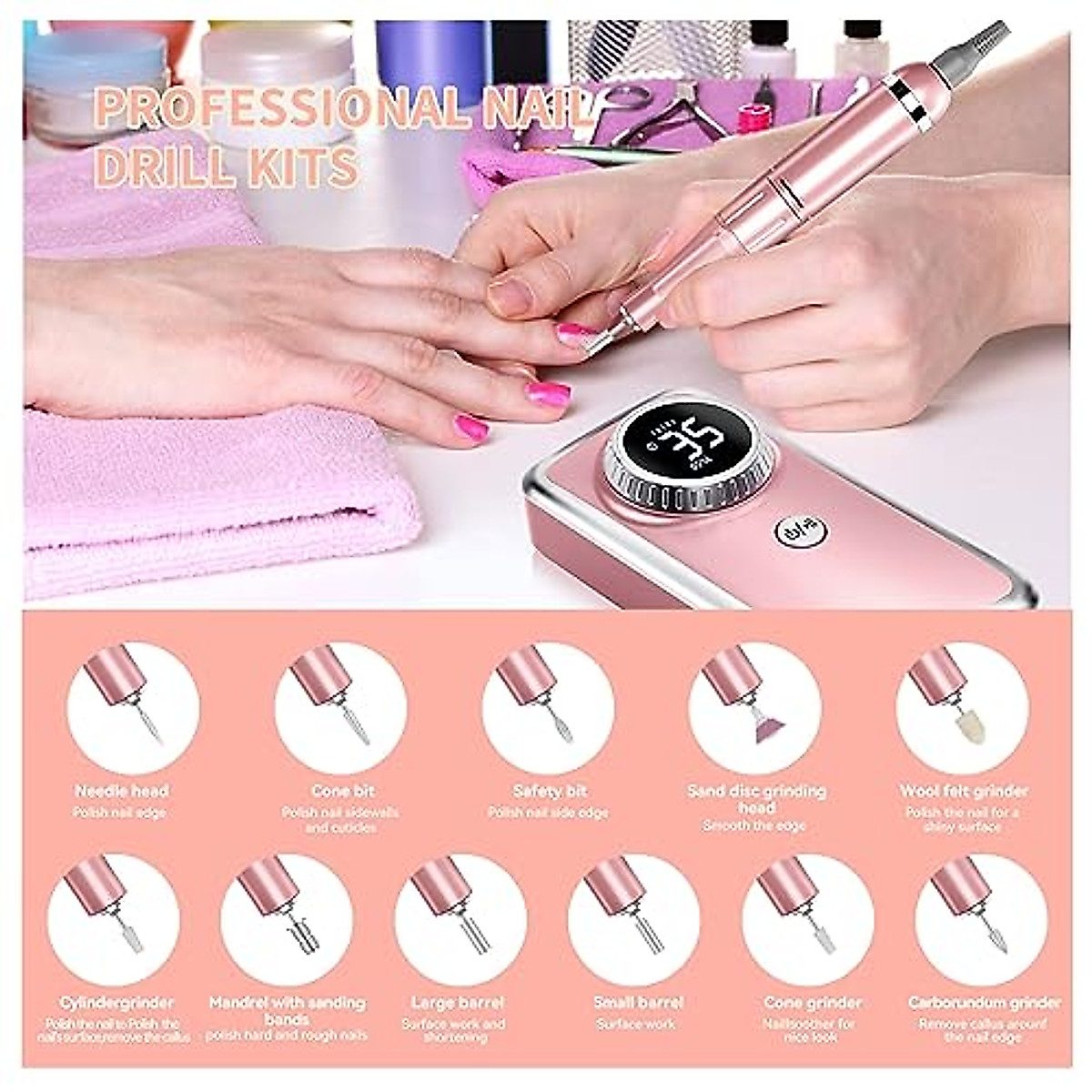 Nail Drill 35000RPM, Rechargeable Electric Nail Drill Machine, Cordless Nail File Drill E File for Acrylic Gel Grinder Tools with 11Pcs Nail Drill Bits for Manicure Pedicure Shape Carve Polish