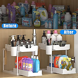 SUPPNEED 2 Pack Under Sink Organizers and Storage, 2-Tier Double Sliding Pull-out Drawer, Multi-purpose Under Sink Organizer for Kitchen and Bathroom with 4 Hooks, 2 Hanging Cup,White