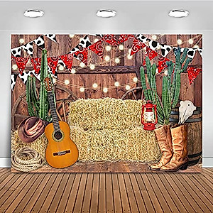Mocsicka Western Cowboy Photography Backdrop Rustic Wooden Barn Background for Portrait Wild West Birthday Party Cake Table Decoration Banner Photo Booth Props (7x5ft)