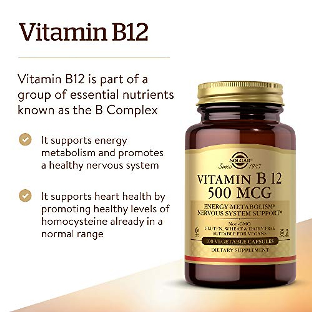 Solgar Vitamin B12 500 mcg, 100 Vegetable Capsules - Energy Metabolism, Nervous System Support, Heart Health - Non-GMO, Vegan, Gluten Free, Dairy Free, Kosher, Halal - 100 Servings