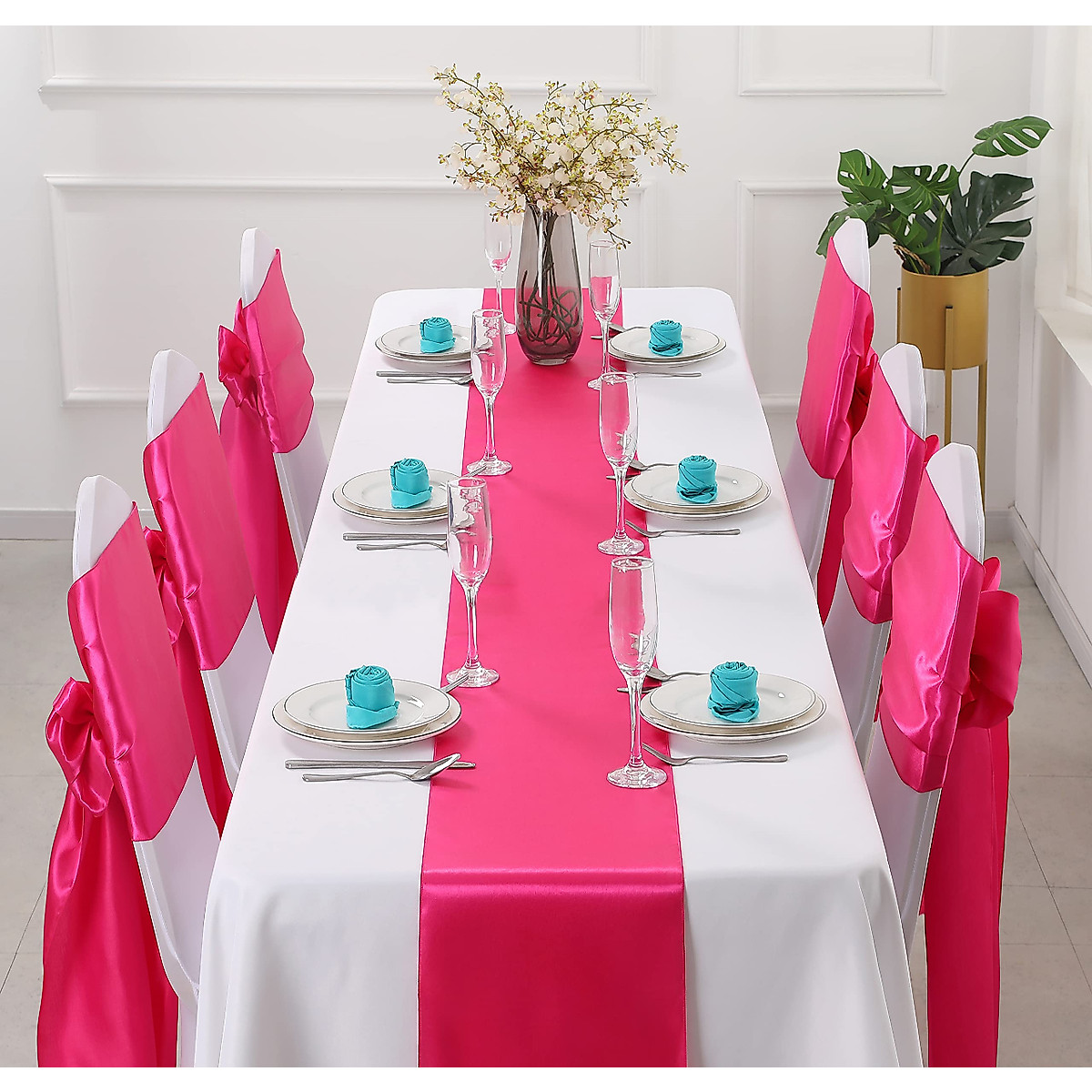 Horbaunal 2 Pack Hot Pink Satin Table Runner 12 x 108 Inch, Smooth Table Runners for Wedding Banquets Birthday Party