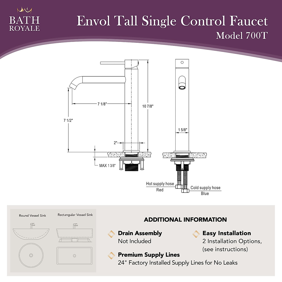 Bath Royale Envol Tall Vessel Sink Bathroom Faucet, Modern Single Hole Design, Matte Black