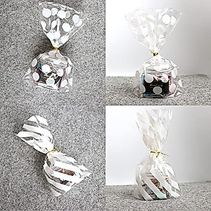 SQian 100pcs Gusseted cellophane Bags White Polka Dot Cookie Bags and Striped Plastic Candy Bags (Size 5"x8"x1.8"）with gold Twist Ties , Best Gusset Bag for Presenting Packaged Treats, Candy, Popcorn etc.