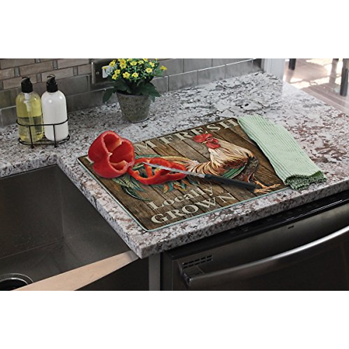 CounterArt 'FARM FRESH ROOSTER' Glass Cutting Board, 15 x 12"