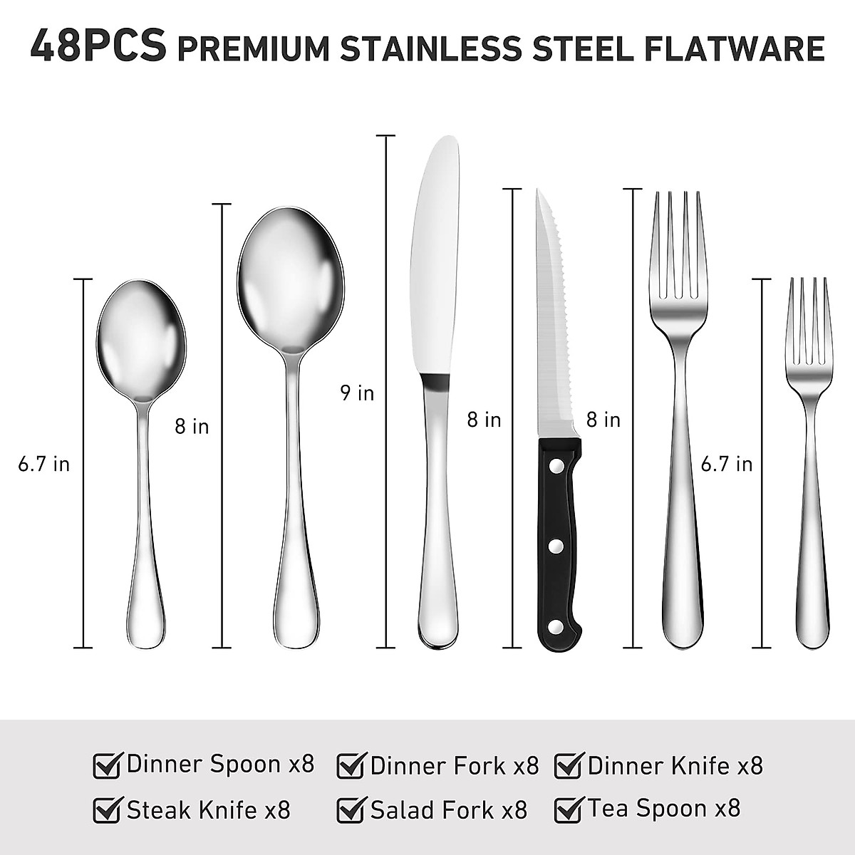 50PCS Silverware Set with Organizer, Silverware Drawer Organizers Durable Stainless Steel Flatware Set for 8 Cutlery Forks Spoons Steak Knives Kitchen Utensils Tray, Mirror Polished Dishwasher Safe