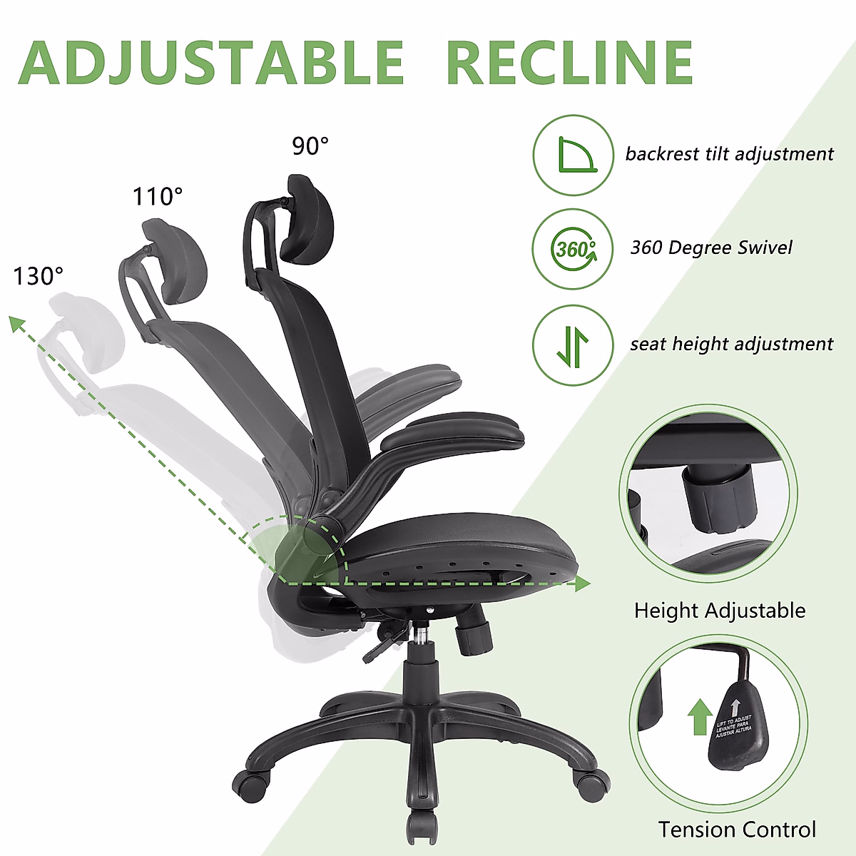 Office Chair Ergonomic Desk Chair Mesh Computer Chair with Lumbar Support Headrest Flip UP Arms Rolling Swivel Adjustable Task Chair for Adults(Black)