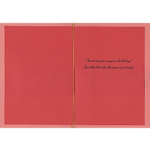 High Note Birthday Greeting Card by Dinara Mirtalipova: Woman Sitting On Sparkling Gold Moon, 3D Gem Star and Gold Tassel Hand Decorated, Red, 5" x 7", (GC-B5904)