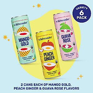 wildwonder Sparkling Probiotic Juice Drink w/Gut Health Immunity & Support 5g Fiber, Live Probiotics, Caffeine Free, Organic, Vegan, Low Sugar, 6pk 12oz, Classic Variety Pack, As Seen on Shark Tank