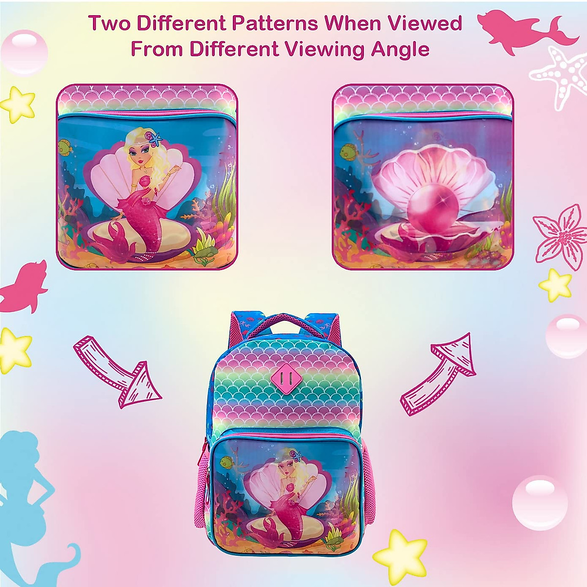 HAPPYSUNNY Mermaid Kids Backpack Set for Girls 15 inch Mirage Effect Changeable Lenticular Pictures Hologram School Backpack with Lunch Box and Pencil Case Preschool Kindergarten Elementary Bookbag