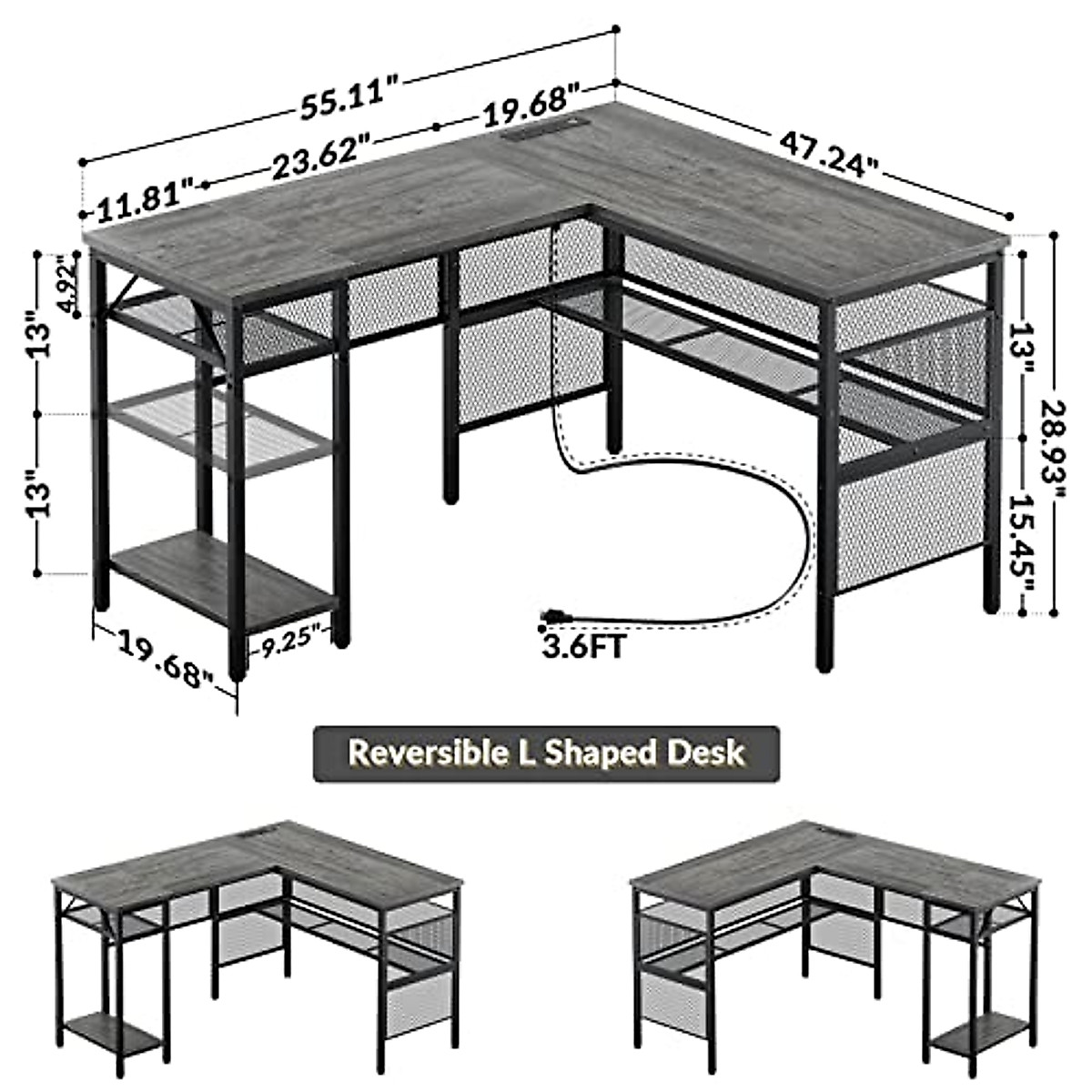 Unikito L Shaped Computer Desk with USB Charging Port and Power Outlet, Reversible L-Shaped Corner Desk with Storage Shelves, Industrial 2 Person Long Gaming Table Modern Home Office Desk, Black Oak