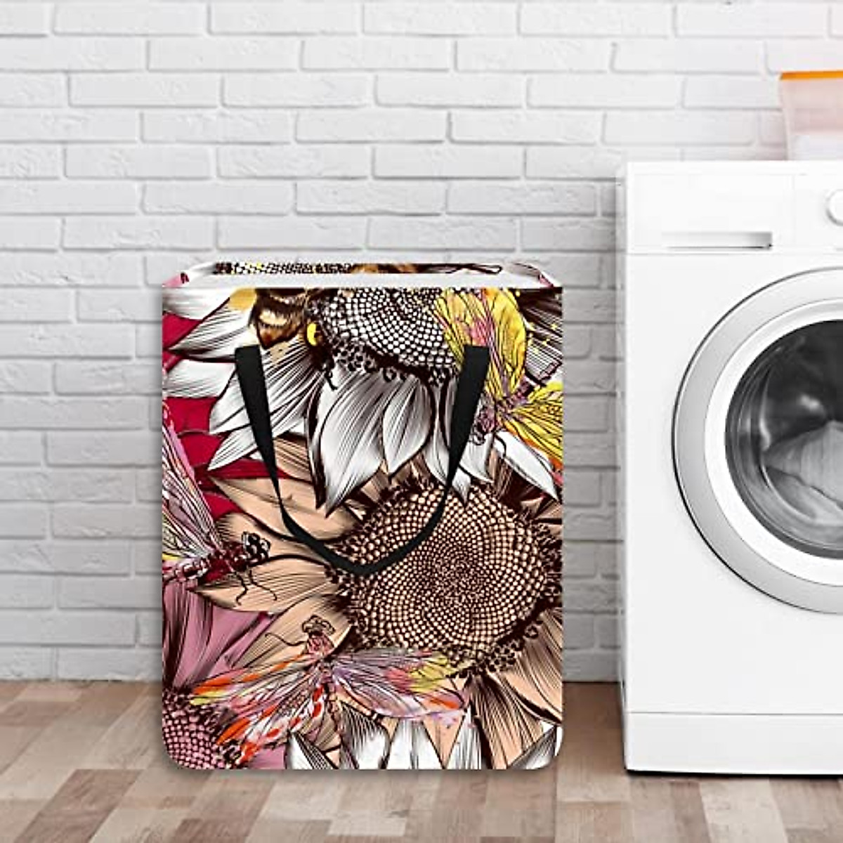 Dragonflies and Bee on Sunflower Print Collapsible Laundry Hamper, 60L Waterproof Laundry Baskets Washing Bin Clothes Toys Storage for Dorm Bathroom Bedroom