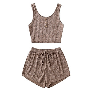 GORGLITTER Women's Sleeveless Button Front Ribbed Crop Tank Top and Elastic Waist Sleepwear Shorts Pajama Set Mocha Brown X-Large