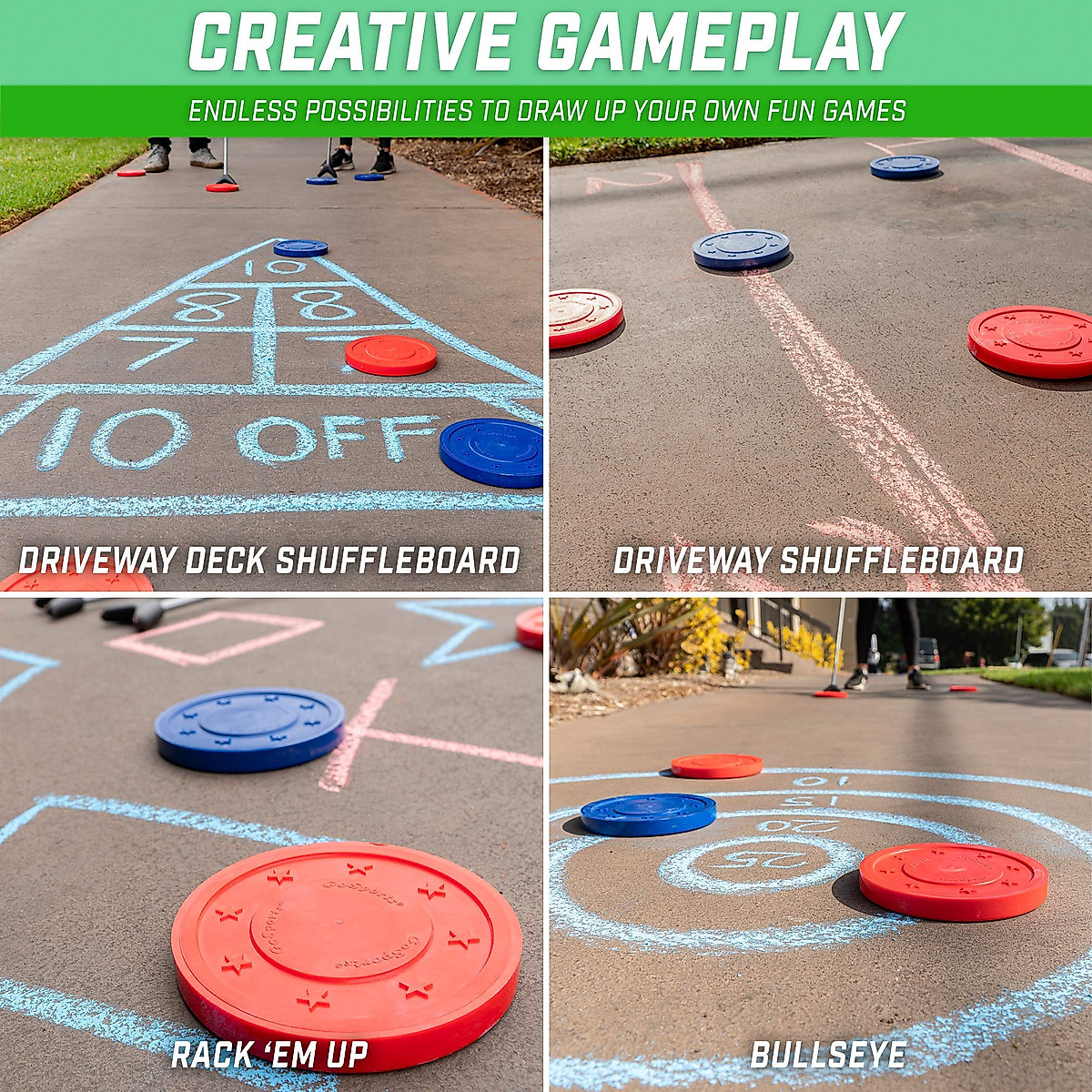 GoSports Driveway Shuffleboard Game Set - Includes 2 Shuffleboard Cue Sticks, 8 Pucks, 2 Pieces of Chalk