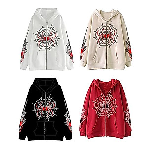 Women Halloween Coat Casual Hooded Long Sleeve Y2k Spider Web Zip Up Hoodie with Pockets Vintage Harajuku (Red, XL)