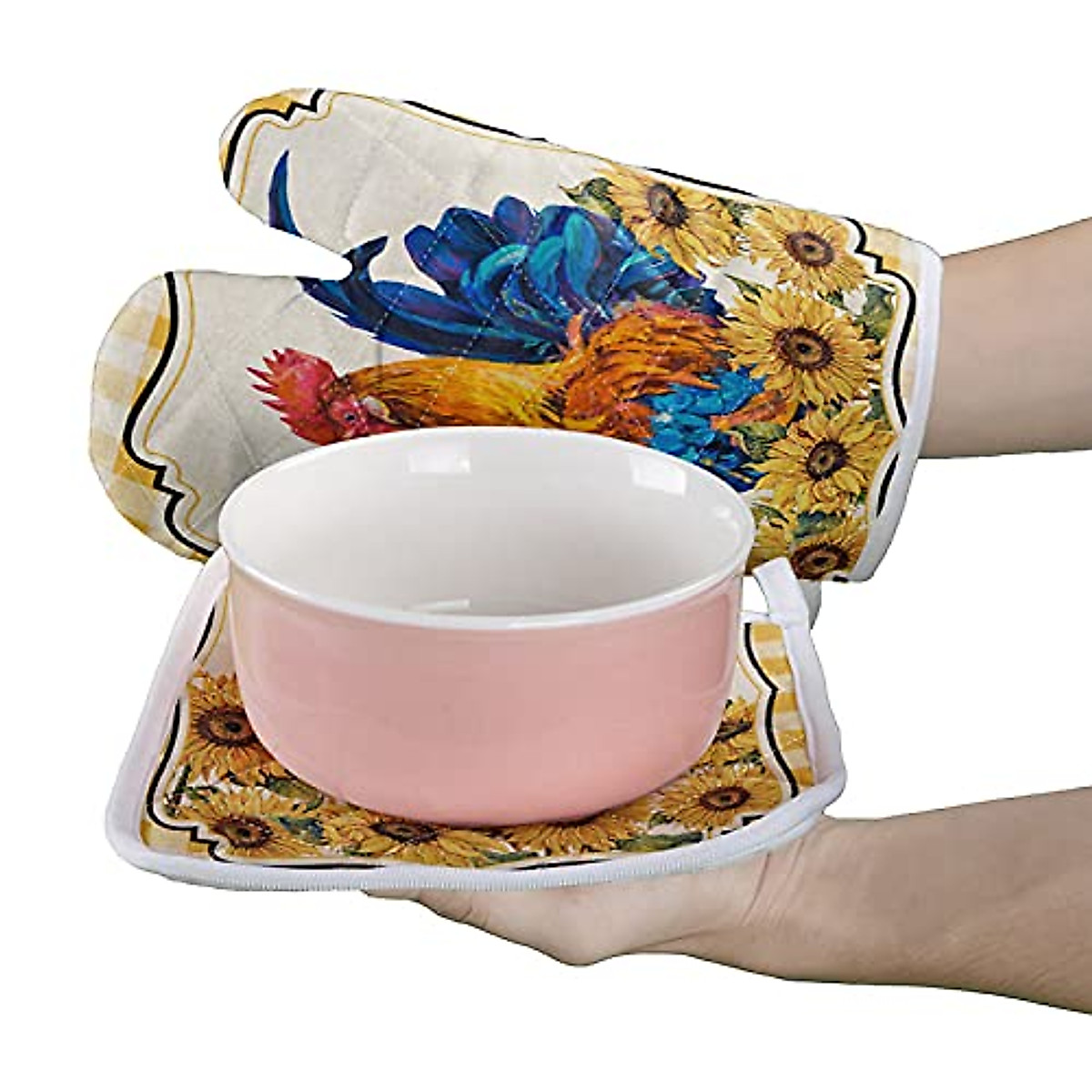 Oven Mitts Set Non-Slip Kitchen Gloves with Potholders Farm Country Rooster And Sunflower On Yellow Buffalo Plaid Super Insulated Mitt Set for Baking,Grilling,BBQ 2Pcs