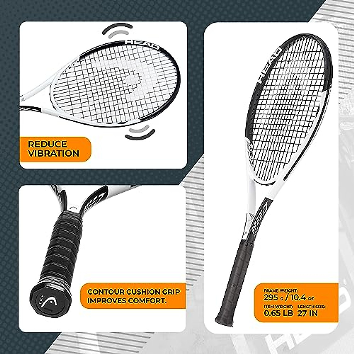 HEAD Geo Speed Adult Tennis Racket - Pre-Strung Head Light Balance 27.5 Inch Racquet - 4 3/8 In Grip, Black/White