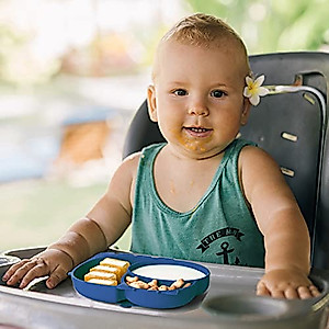 RUNDE Silicone Baby Plates with Suction,Divided Placemat Dish for Toddlers and Kids,Baby First Stage Self Feeding Training Supplies (Hippo-Blue)