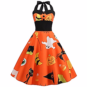Women's Vintage Print Halter Halloween Sleeveless Evening Party Swing Cocktail Dress Yellow