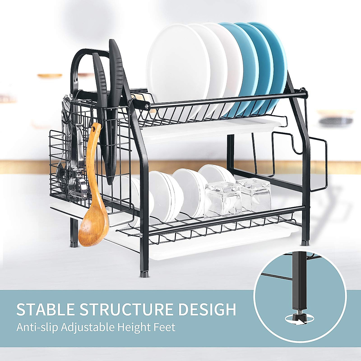 alvorog 2-Tier Dish Drying Rack with Utensil Holder and Cutting Board Holder, Stainless Steel Dish Rack with Removable Drain Boards Large Capacity Dish Drainer Kitchen Organizer for Countertop (Black)