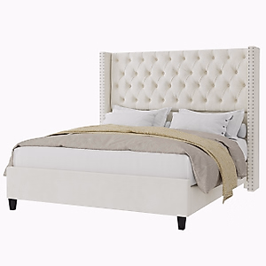 Jocisland Queen Size Bed Frame Velvet Upholstered Platform Bed with 51.6" Tall Wingback Headboard Deep Button Tufted, No Box Spring Needed, Cream