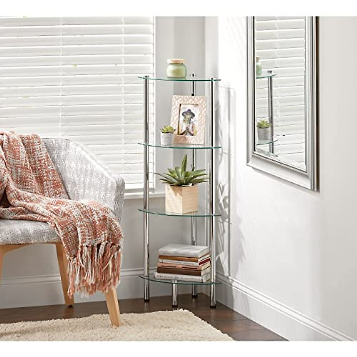 mDesign Modern Glass Corner 4-Tier Storage Organizer Tower Cabinet with Open Shelves - Display Furniture for Bathroom, Office, Bedroom, Living Room - Holds Books, Plants, Candles - Chrome/Clear