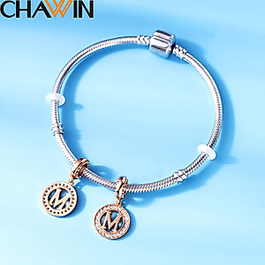 CHAWIN Initial M Letter Charms, Alphabet Charms Rose Gold, Authentic 925 Sterling Silver Charms fit Pandora Charm Bracelets, Necklace, Circle Dangle Charm Gift for Women, Sparkling Clear Stones