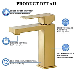 Tohlar Gold Bathroom Faucet, Brushed Gold Faucet for Bathroom Sink, Gold Single Hole Bathroom Faucet Modern Single Handle Vanity Basin Faucet with Overflow Pop Up Drain Stopper and Water Supply Lines