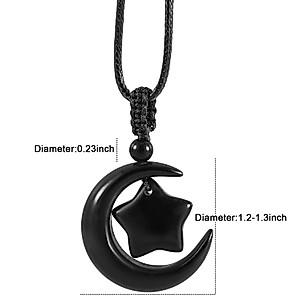 SUNYIK Natural Black Obsidian Crescent Moon Star Crystal Necklace for Women Men, Healing Crystal Stone Amulet Lucky Charm Pendant for Unisex