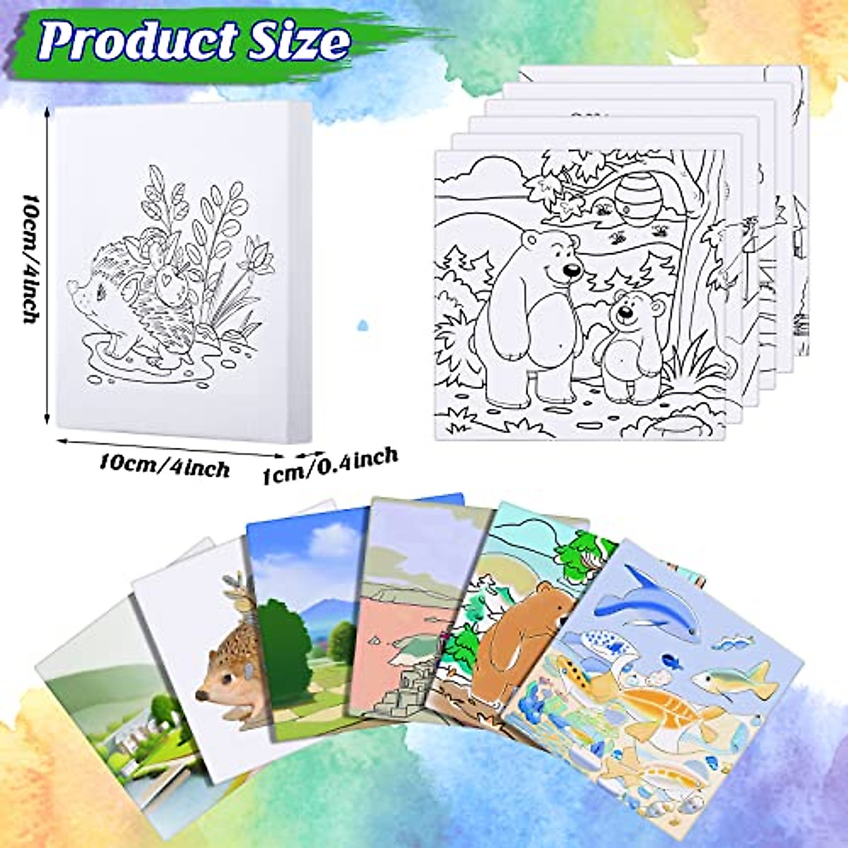 12 Pcs Pre Printed Stretched Canvas Stenciled Painting Canvas Panels Painting Canvas with Pictures to Paint 4 x 4 Inches Pre Drawn Canvas Kids Canvas Painting Set for Beginners Kid Student
