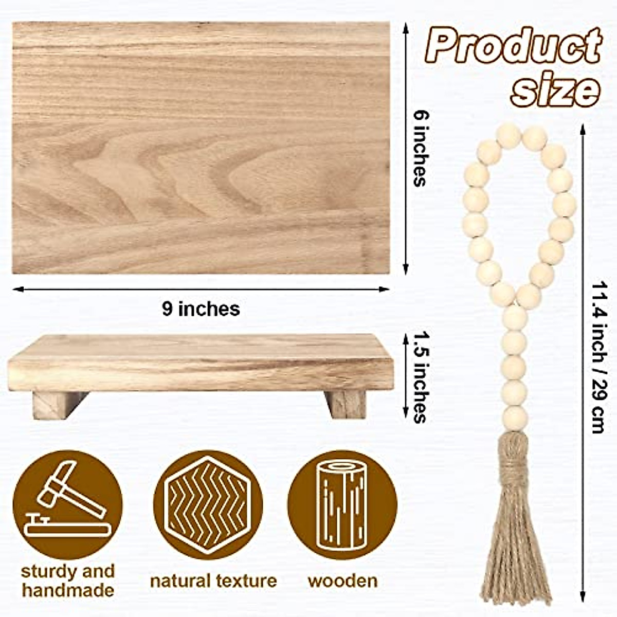 Wood Pedestal Stand Riser Rectangle Wooden Tray Sink Soap Holder Wood Bead Garland Rustic Farmhouse Tassels Beads for Home Bathroom Kitchen Table Decor Bottles Plant Jewelry Display (Light Brown)