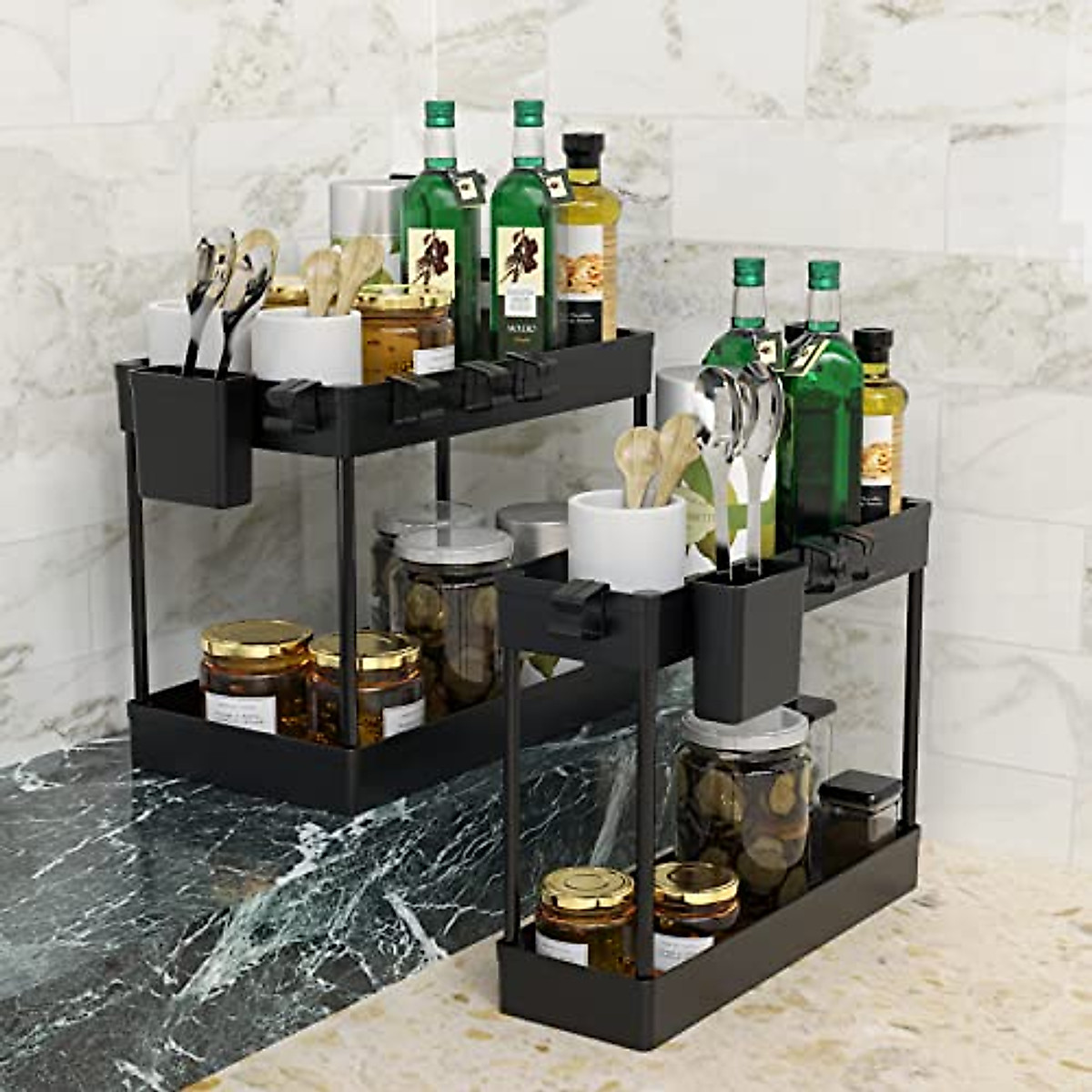 Under Sink Organizers and Storage 2 PCS, 2 Size Multi-Usage Storage Shelf with Hooks, 2 Tier Under Cabinet Basket Organizer for Kitchen Bathroom, Under the Sink Standing Stackable Rack for Bath