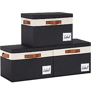 PFFVRP Extra Large Storage Bins with Lids, Foldable Fabric Storage Baskets with Lids, Sturdy Storage Boxes with Labels and 3 PU Handles for Closet Home Bedroom Office (32L, 3 Packs, Black&White)
