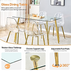 Ufurpie 5 Piece Glass Dining Table Set,51" Kitchen Table and Chairs for 4,Clear Dining Room Table Sets w/Gold Chrome Legs,Modern Dining Room Sets for Home, Kitchen, Dining Room(Gold)
