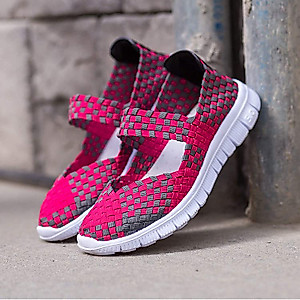 Women Elastic Woven Walking Shoes Flats Sandals,Comfy Casual Non Slip Lightweight Breathable Mary Jane Sneakers Nurse Shoes (10,Red,10)