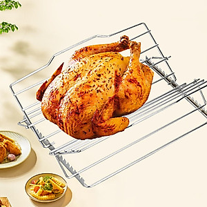 Worparsen Kitchen Chicken Roasting Rack Foldable Roasting Rack Stainless Steel Adjustable Chicken Roasting Rack Foldable V-Shaped Stand for Turkey Chicken Silver