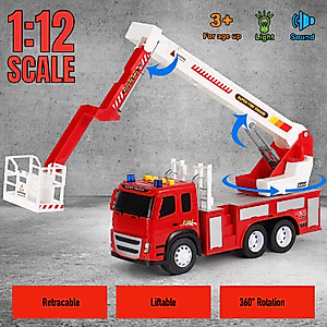 Fire Truck Playset - 1:12 Scale Large Size Toys - Realistic Fire Engine, 3 Firemen, Road Signs, Lights, Sounds - Friction-Powered Fire Truck Toys for 3 Year Old Boys, Girls, Toddlers Age 3 4 5