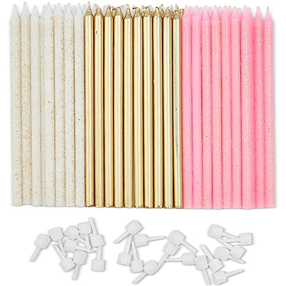 Metallic Glitter Long Thin Birthday Cake Candles in Holders (5 in, 48 Pack)
