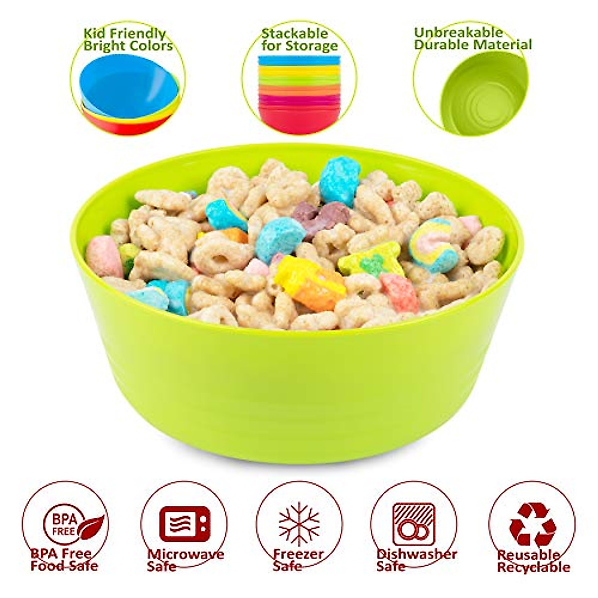 PLASKIDY Plastic Toddler Bowls Set of 6 Kids Bowls 10 Oz - Toddlers Cereal Bowls Microwave Dishwasher Safe BPA Free Brightly Colored Children Snack Bowls Great for Cereal, Soup, Snack, Fruit or Salad