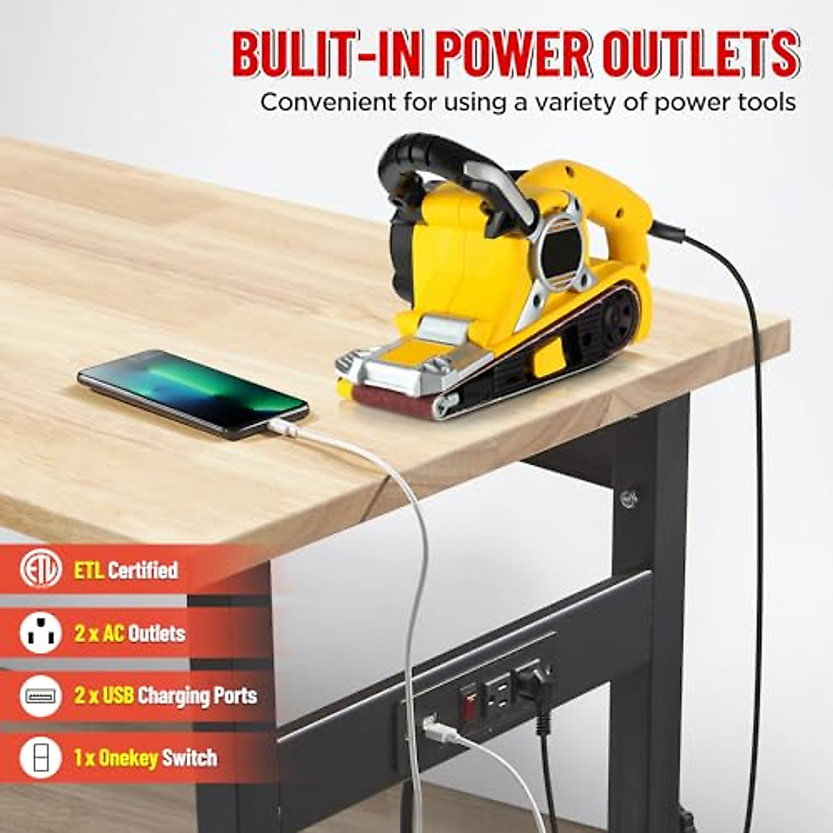 48" Adjustable Work Bench Garage Workbench with Power Outlets, 2200 Lbs Capacity Hardwood Top Work Bench Table Heavy-Duty Workbench for Garage, Workshop, Office, Home