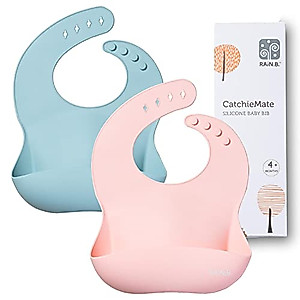 RAIN.B. Baby Silicone Bib Set of 2 - Adjustable Waterproof Baby Food Bibs with Food Catcher｜Cherry Blush + Glacier Blue