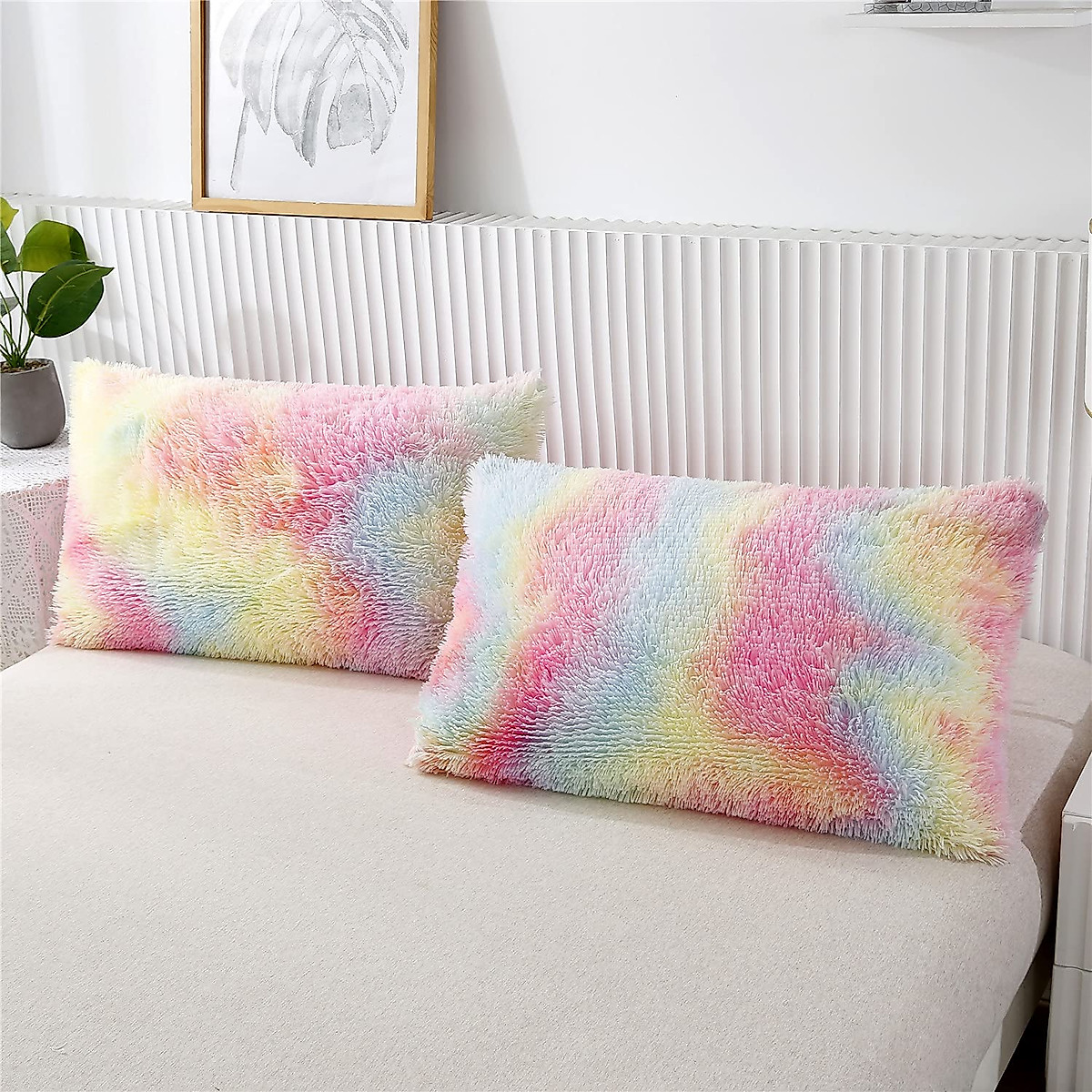 RYNGHIPY 3Pcs Rainbow Girls Bedding Sets Twin Size Ultra Soft Long Hair Plush Shaggy Duvet Cover with Pillowcases Colorful Tie Dye Bedding Set with Hidden Zipper Closure (Colorful Pink,Twin)