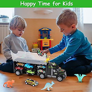 Transport Truck and Car Toys for 3 4 5+ Year Old Boys Birthday Gifts Carrier Truck Vehicle Toddler Boy Toys Age 3-4 4-7 Dinosaur Toys for Kids 3-5 5-7 with Glowing Dino Figures Boy Presents