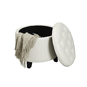 Convenience Concepts Designs4Comfort Round Storage Ottoman 19.75" - Versatile Contemporary Foot Stool for Living Room, Office, Ivory Faux Leather
